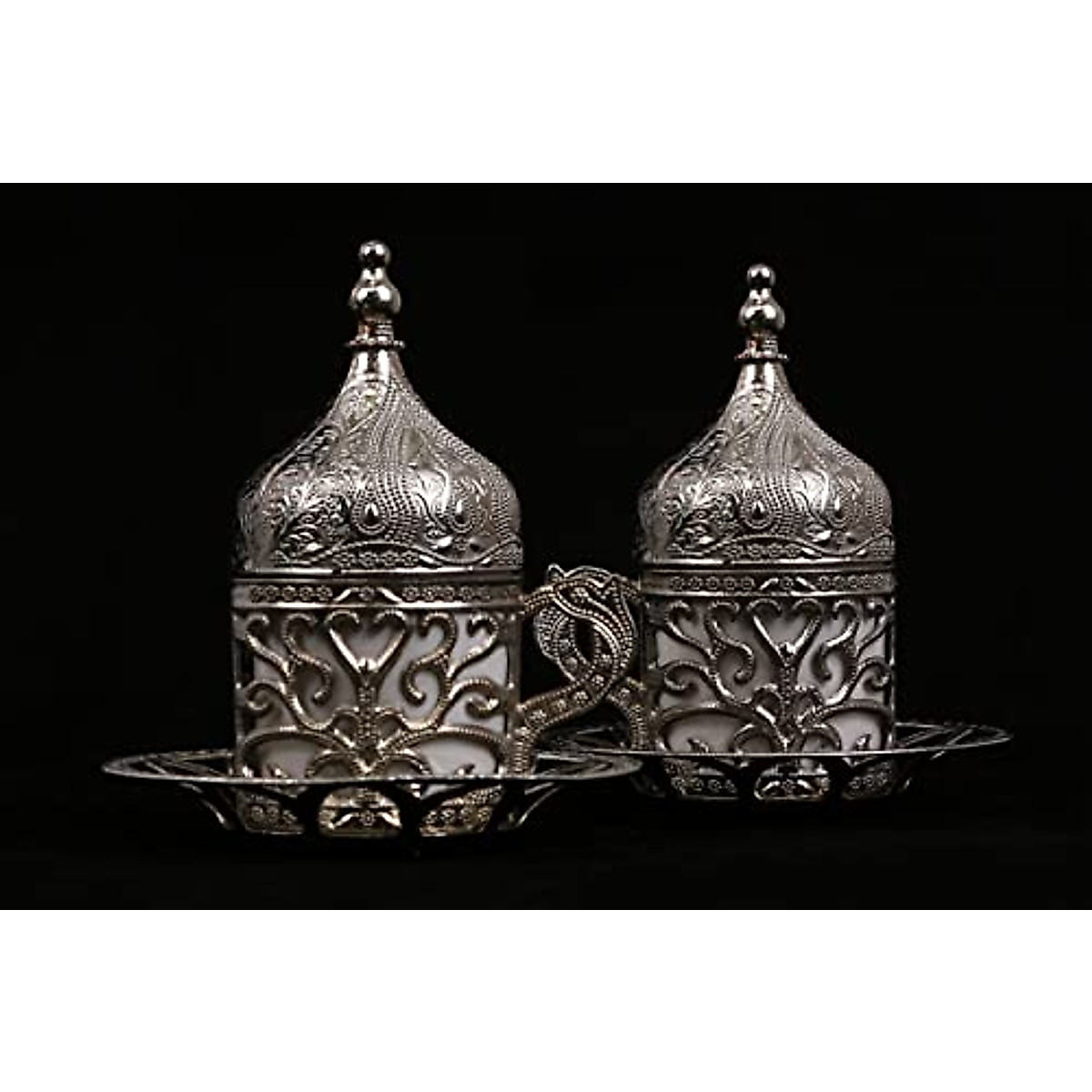 Küchengeräte Turkish Greek Arabic Moroccan Coffee Cup - Set of 2 - Espresso Cup with Inner Porcelain Metal Holder Plate and Lid - 2 Cups Consists of 8 Pcs - Best Gift Idea