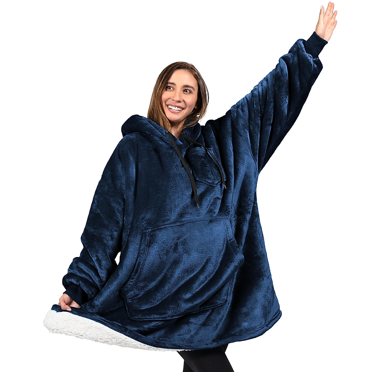 PAVILIA Blanket Hoodie for Women Navy, Sherpa Wearable Blanket Men, Cozy Oversized Sweatshirt Blanket, Warm Fleece Hooded Blanket Sweater with Sleeves and Giant Pocket, Navy Blue