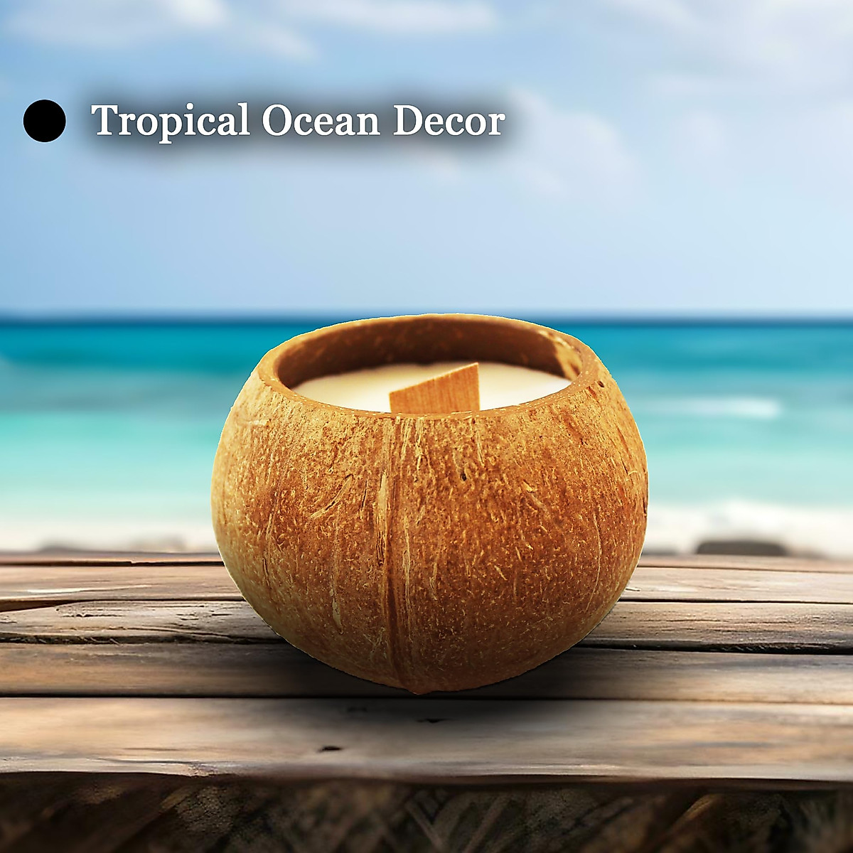 Tropical Coconut Candle with Wooden Wick - Coconut Scented Coconut Shell Candle Made with Real Hollow Coconut Shells - Great Beach Scented Candle Coconut and Relaxing Bath Decor (Coconut Scent)