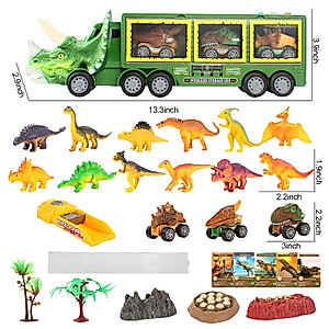 Dinosaur Toy Trucks for Kids - 28 Pack Pull Back Cars Set with Flashing Lights, Music,Roaring Sound,Dinosaur Car with Cars Launcher Track for Boys Girls Age 3 4 5 6 7 8 Year Old (Green)