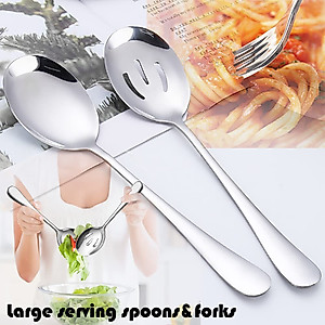 IAXSEE 6 PCS Stainless Steel Serving Utensils, Large Serving Spoons Slotted Spoons, Forks, Ice Suger Tongs, Cake Server, Soup Ladle, Metal Utensils Set Great for Buffet Catering Banquet Party, Silver