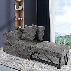 SEJOV Sofa Bed 4-in-1 Convertible Sofas & Couches, 3-Seat Linen Fabric loveseat Sofa with 2 Throw Pillow, Single Recliner for Small Space with 5 Adjustable Backrest, Dark Grey