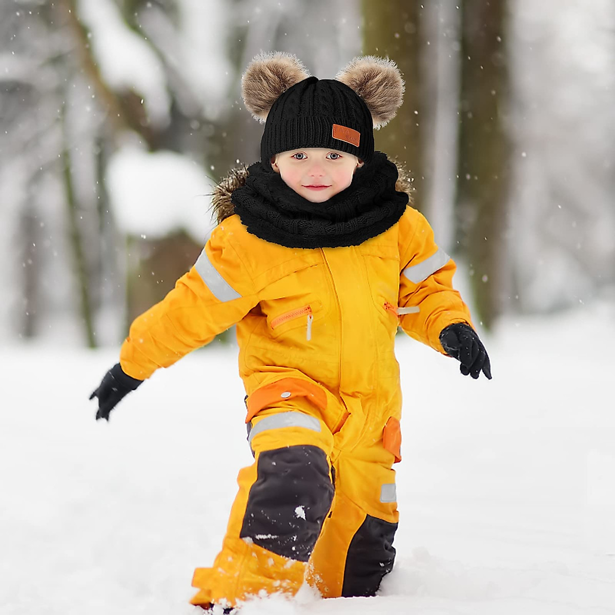 Kids Winter Beanie Hat Scarf Gloves Set, Toddlers Knit Winter Warm Double Pompom Cap Scarf Gloves for 1-5 Years Old (Black)