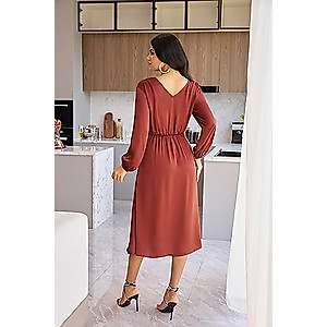 GRACE KARIN Long Sleeve Satin Wedding Guest Dresses for Women Cocktail Midi Dress Elegant A-Line Slit Semi Formal Dress Rust XL