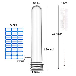 LABALPHA 12Pcs PET Plastic Test Tubes with Screw Caps for Candy Storage, Party, Bath Salt Vials, 28x160mm (60ml), Include a Test Tube Brush and Sticker Label