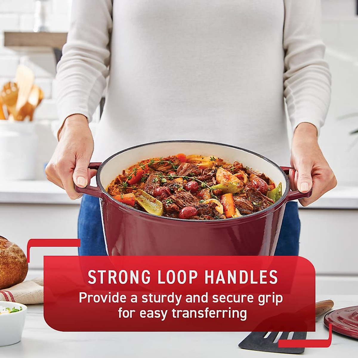 T-fal Cast Iron Enameled Dutch Oven 6 Quart Induction Oven Broiler Safe 500F Pots and Pans, Cookware Red