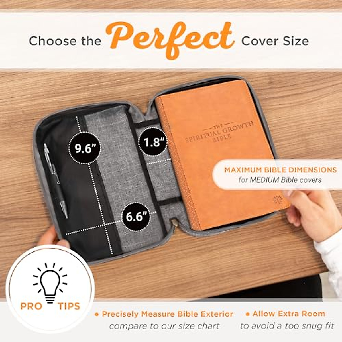 Christian Art Gifts Poly-Canvas Bible Cover for Men & Women: The Lord is My Light - Psalm 27:1 Inspirational Bible Verse w/Secured Zippered Pocket & Pen Storage for Books & Supplies, Gray, Medium