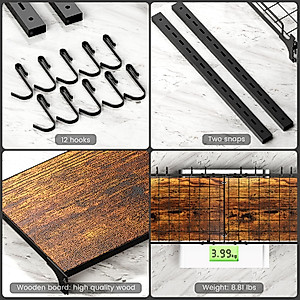 HOYRR Pot Rack Wall Mounted,Pot Hanger,Wall Rack for Pots and Pans,Adjustable Wall Mount Pot Rack,Wall Pot Rack is a Combination of Wood and Iron,Measures 28.7 x 10 x 16 Inches.(With 12 S-hooks)