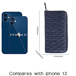 YILINSA Women's Wallet RFID Blocked Leather Wallet Pleated Clutch Long Wallet Leather Zipper Wallet (Blue)