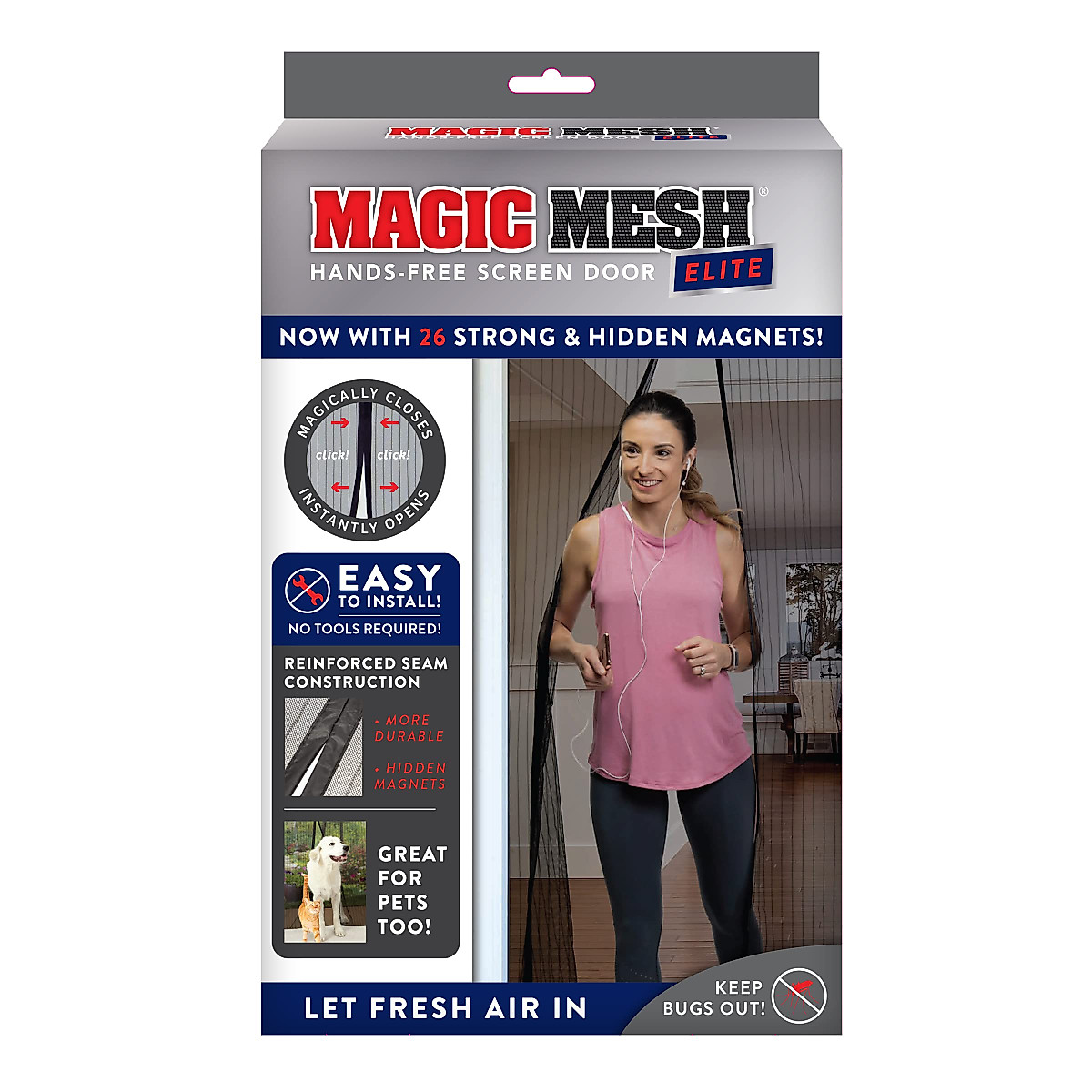 Magic Mesh Elite- More Durable Magnetic Screen Door, Reinforced Seam, Strong & Hidden Magnets- Keeps Bugs Out, Fits Single Doors up to 39"x83"