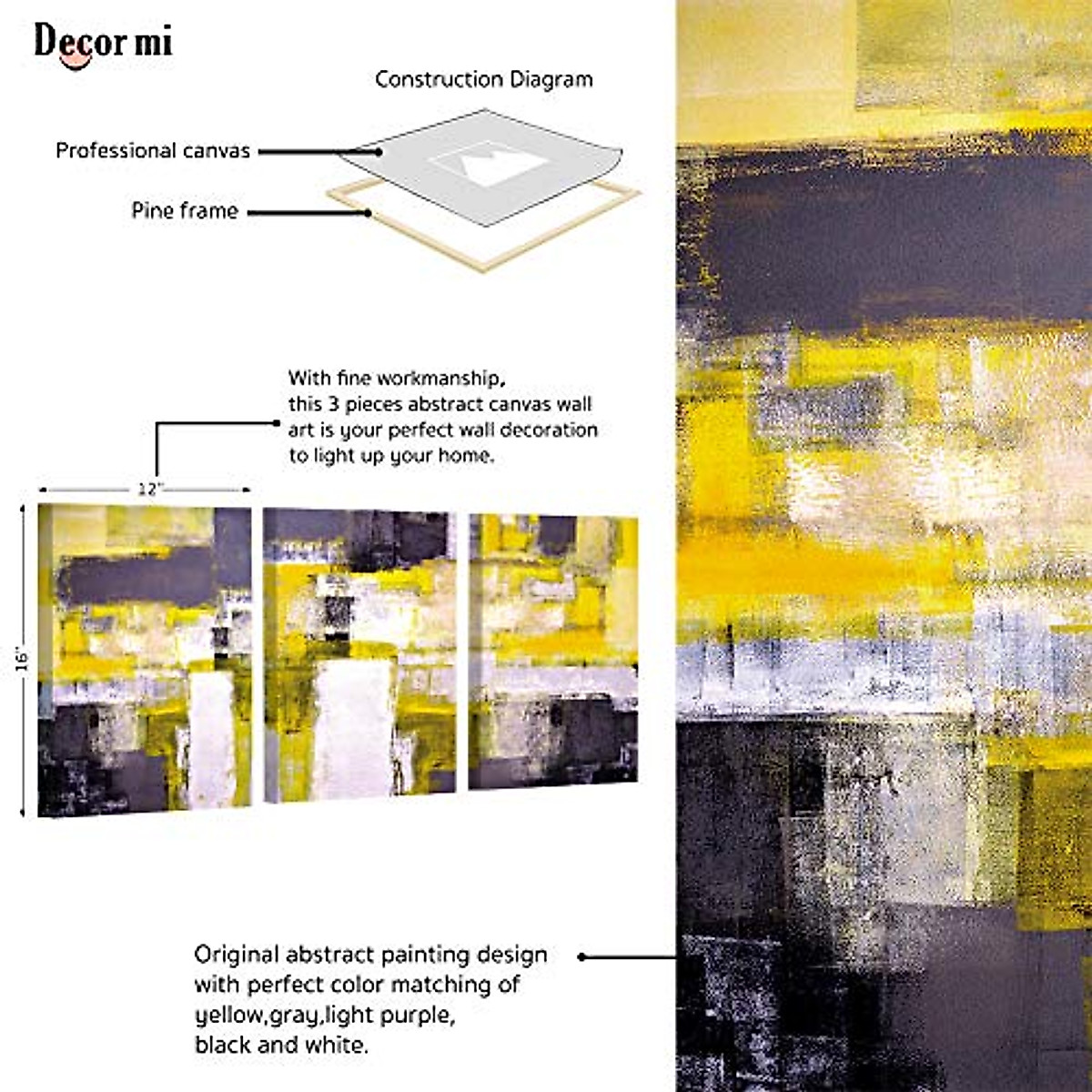 Decor MI Abstract Wall Art Yellow Grey Framed Wall Art Canvas Abstract Painting for Living Room Bedroom Office Home Modern Canvas Artwork Abstract Art Wall Decor Ready to Hang 12''x16'', 3 Pieces