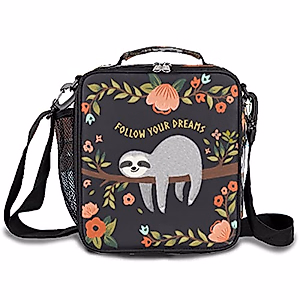 Cute Sloth Flower Print Insulated Lunch Bag Durable Leakproof Lunch Box Bento Cooler Tote Bag with Removable Shoulder Strap for Men Women Adults Girls Boys Back to School Lunchbox