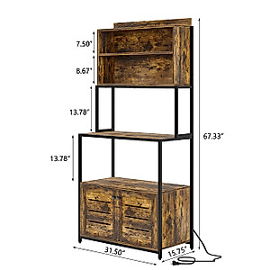 Furniouse 5-Tier Kitchen Bakers Rack with Power Outlet, Industrial Microwave Oven Stand with Shelves, Kitchen Utility Storage Shelf with Cabinet, Standing Kitchen Storage Rack, Rustic Brown