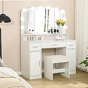 usikey Large Vanity Set with Large Lighted Mirror, Modern Makeup Vanity Table with 3 Drawers, 2 Storage Cabinets & 10 LED Bulbs, Dressing Table with Cushioned Stool for Women, Bedroom, White