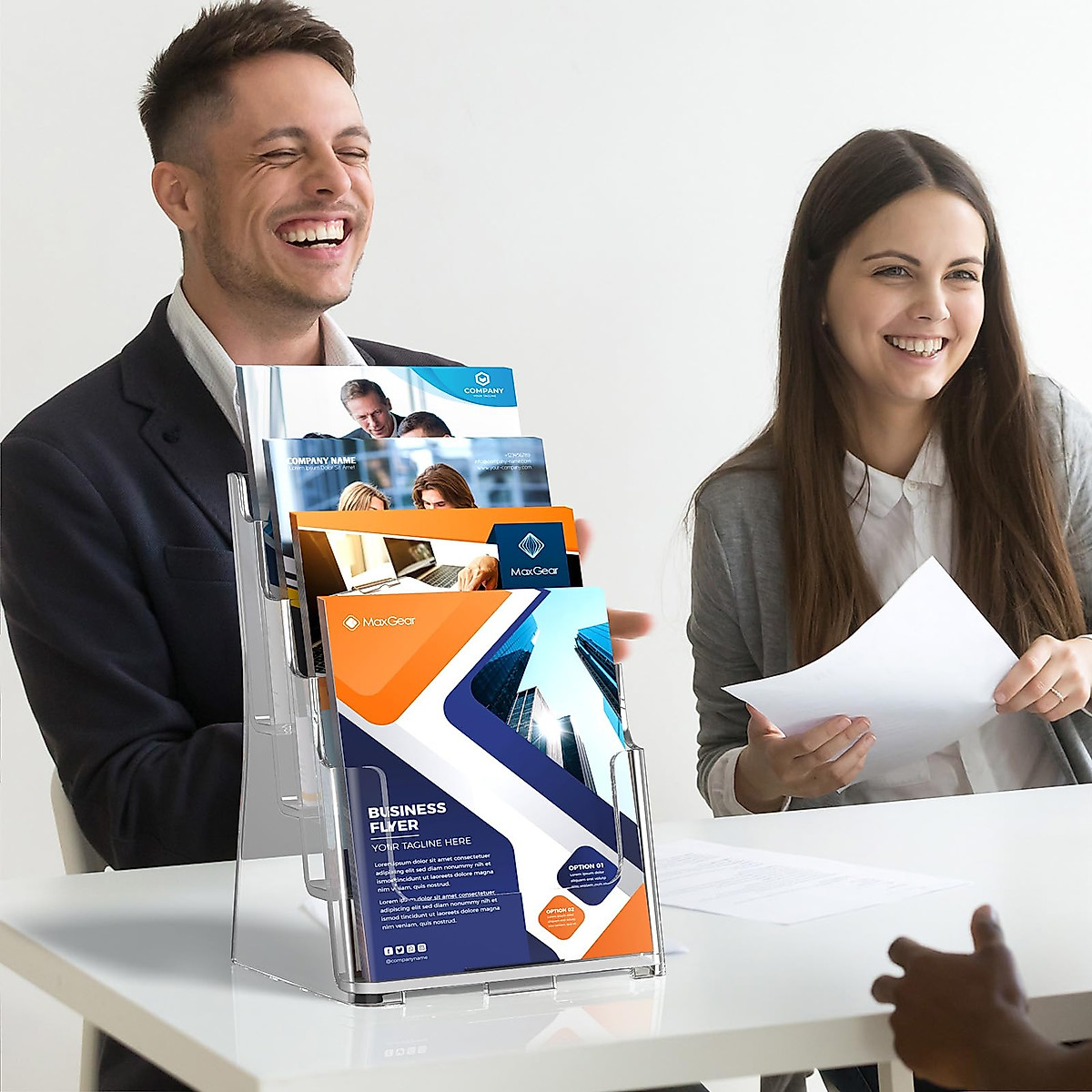 MaxGear Acrylic Brochure Holder 8.5 x 11 inch, Clear Literature Organizer Magazine Stand with Removable Divider for 4 x 9 inch Brochures, 4 Tier Pamphlet Display for Wall Mount or Countertop