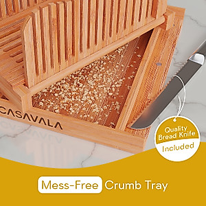 Bamboo Bread Slicer | Bread Loaf Slicing Machine With Crumbs Tray | Easy To Use Foldable Bread Cutter | Adjustable Slice Sizes | Bread Cutting Guide With Sharp Bread Knife & Storage Bag