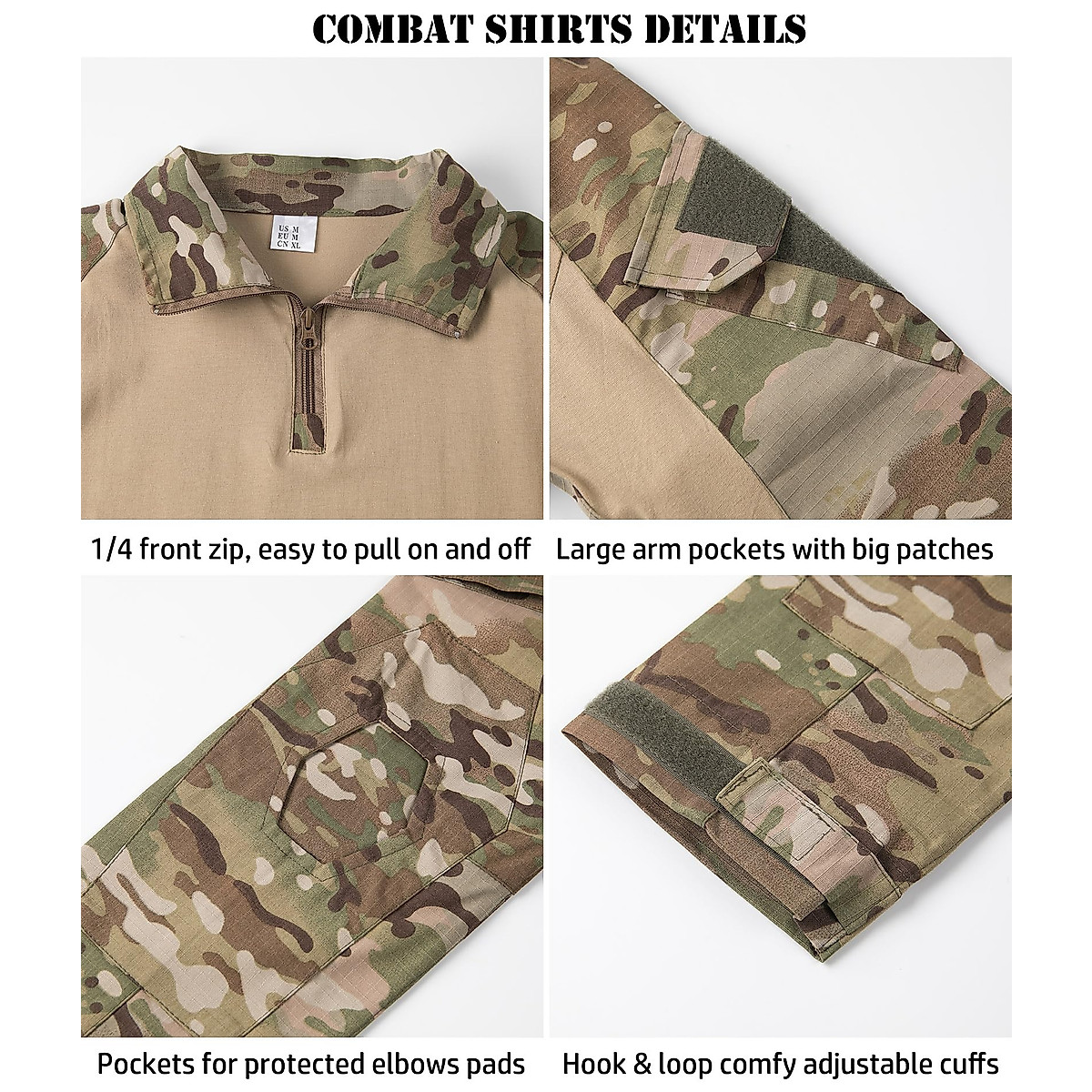 CARWORNIC Men's Tactical Combat Shirt, 1/4 Zipper Long Sleeve Camo Army Military T Shirt