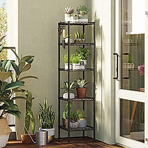 SONGMICS Bathroom Shelf, Storage Rack for Small Space, Total Load Capacity 220 lb, 11.8 x 11.8 x 48.6 Inches, with 5 PP Sheets, Removable Hooks, Extendable Design, Black and Translucent ULGR23BK