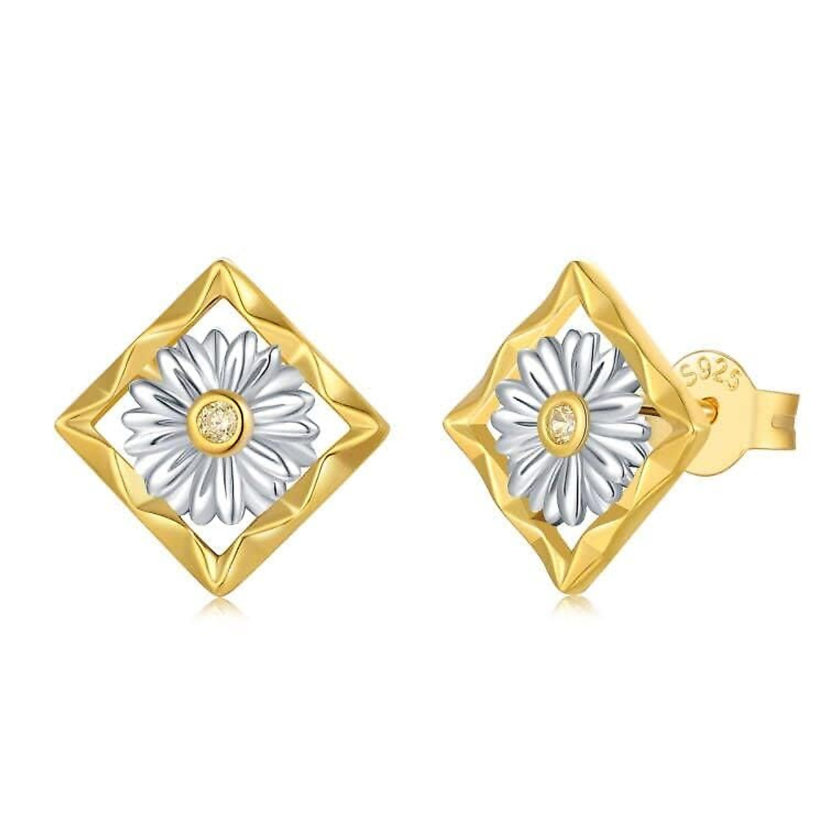 WOUOVO 925-Sterling-Silver Sunflower Earrings for Women - Daisy Sunflower Stud Earring with Safety Screw Back Lockings,Mothers Day Christmas Gifts for Mom and Daughter (Sunflower)