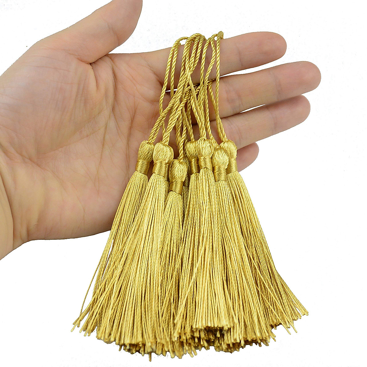 100pcs 13cm/5 Inch Silky Floss Bookmark Tassels with 2-Inch Cord Loop and Small Chinese Knot for Jewelry Making, Souvenir, Bookmarks, DIY Craft Accessory (Light Gold)