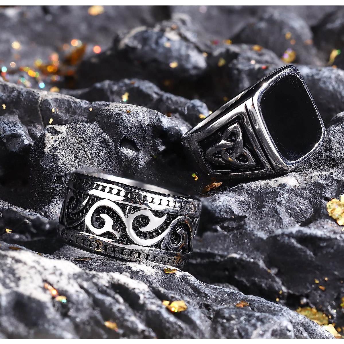 Jstyle 4Pcs Stainless Steel Signet Biker Rings Set Cuban Chain Spinner Ring Vintage Celtic Knot Band Rings Beveled Polished Edge Comfort Fit 9