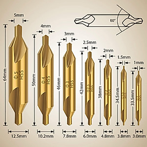 SUNJOYCO 7PCS Center Drill Bits Set, High Speed Steel 60-Degree Angle Countersink Tools for Lathe Metalworking Size 1.0 1.5 2.0 2.5 3.0 4.0 5.0, Gold