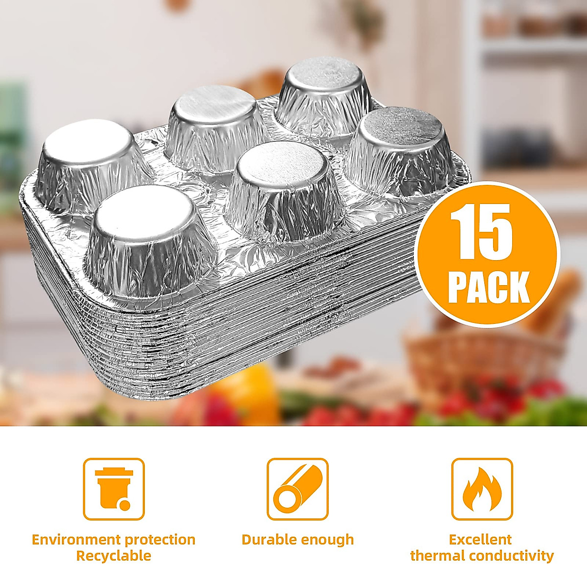 RTUDOPUYT 15 Pc Disposable Muffin Tins, 6-Cup Cupcake Aluminum Pans, Favorite Cupcake Tin Size For Baking Cupcakes Muffins And Mini Pies - Standard Size