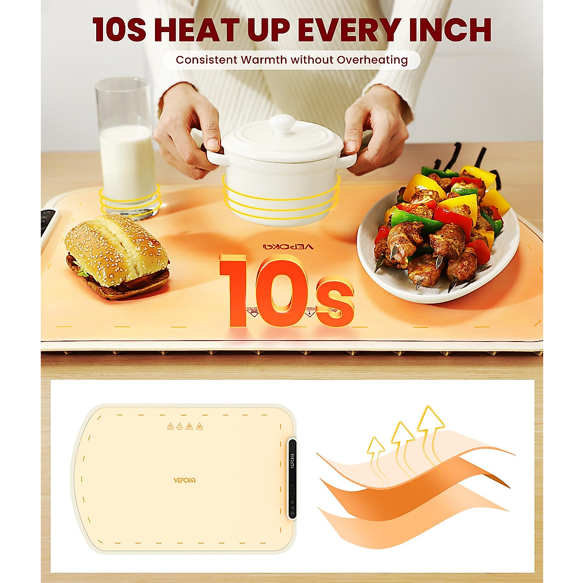 Food Warming Mat for Buffet, VEPOKA Electric Warming Tray to Keep Food Warm at Party, Silicone Heating Mat with 7 Temperature Levels& Auto Shut-Off, Food Warmers for Parties, Gatherings, Everyday Use