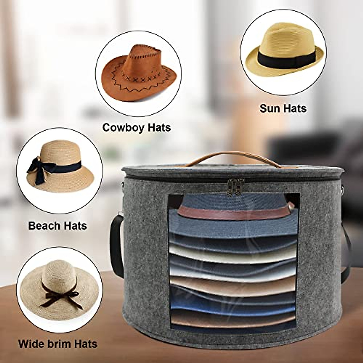 Large Hat Storage Box with Lids, Foldable Felt Round Hat Storage Box with Handle Travel Case Clothes Storage Bin for Women&Men, Cowboy Hat Organizer Stuffed Animal Toy Clothes, Grey 17.7" x 11.8"