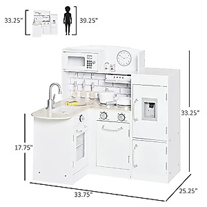 Qaba Kids Play Kitchen Set Pretend Wooden Cooking Toy Set with Drinking Fountain, Microwave, Fridge and Accessories for Age 3 Years, White