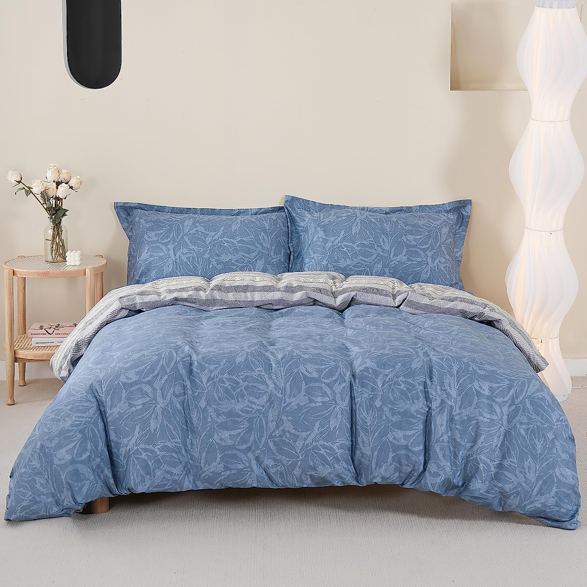 ANUKA King Size Bed Comforter Set with Sheets, Pure Cotton Duvet Cover Set, Sheet with 2 Pillow Cases, 4 Pieces Bedsheets, Navy Blue U.S Standard King Size