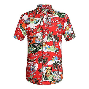 YOMXL Men's Hawaiian Top Summer Tropical Printed Button Down Shirt Casual Standard-Fit T-Shirt Short Sleeve Red