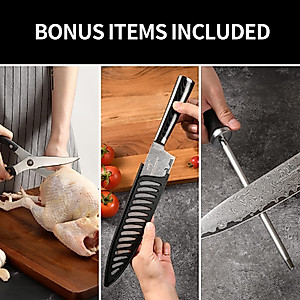 Chefs Knife Set with Gift Box, 4 Pieces Damascus Kitchen Knife Set, VG10 Steel Professional Knife Sets for Chefs, Knife Set with Non-slip Micarta Handle, Knife Sharpener and Chefs Knife