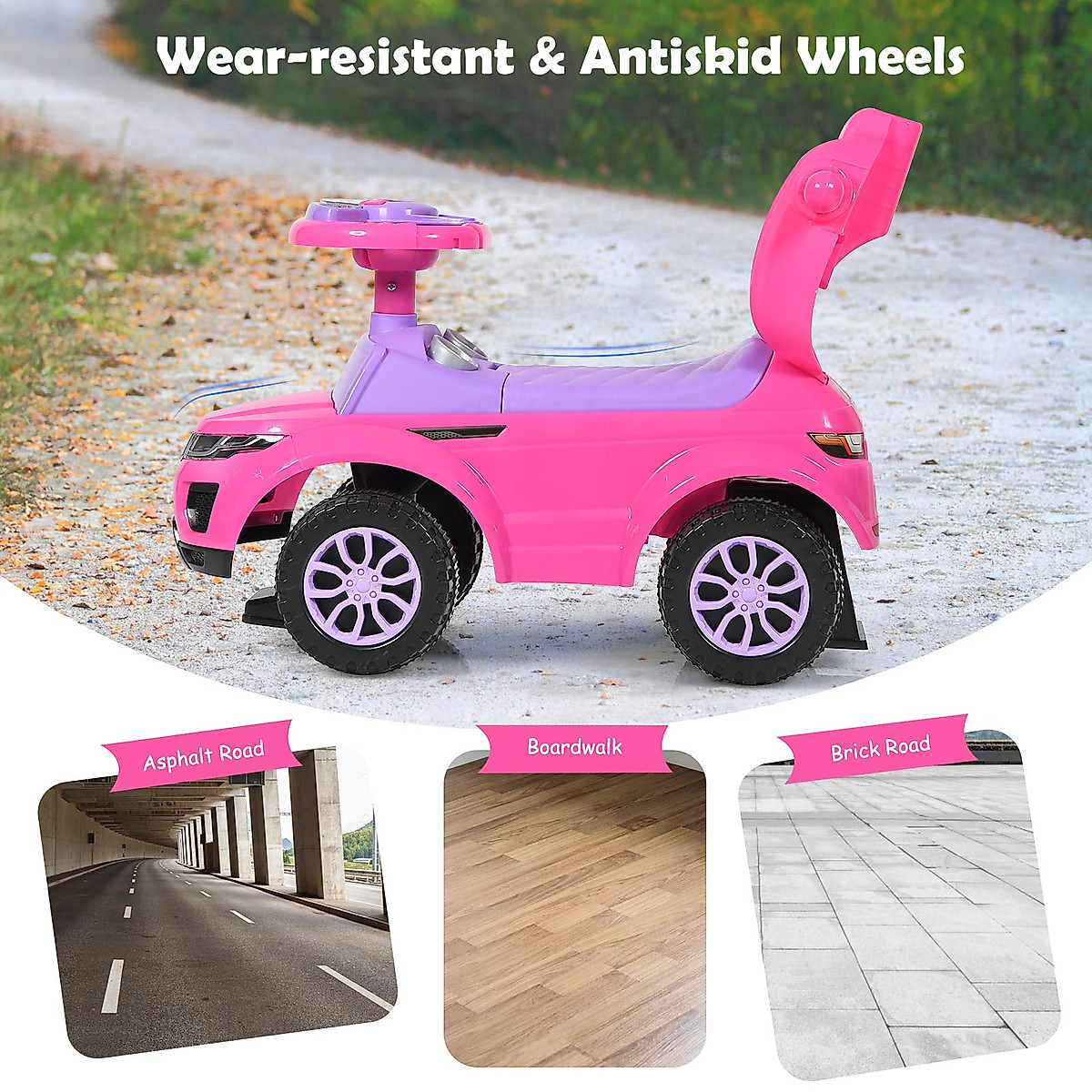 Costzon 3 in 1 Ride on Push Car, Stroller Sliding Walking Car with Horn, Music, Light, Under Seat Storage, Parental Handle, Armrest Guardrails, Ride on Toy for Boys & Girls (Pink)