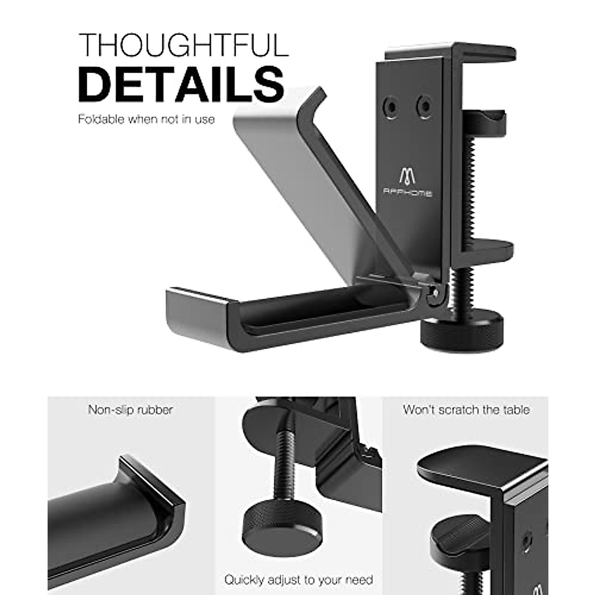 APPHOME Foldable Headphone Stand Hanger Holder, Space-Saving Aluminum Soundbar Stand with Universal Fit for Gaming PC Accessories, Under Desk Clamp Hook Mount, Black