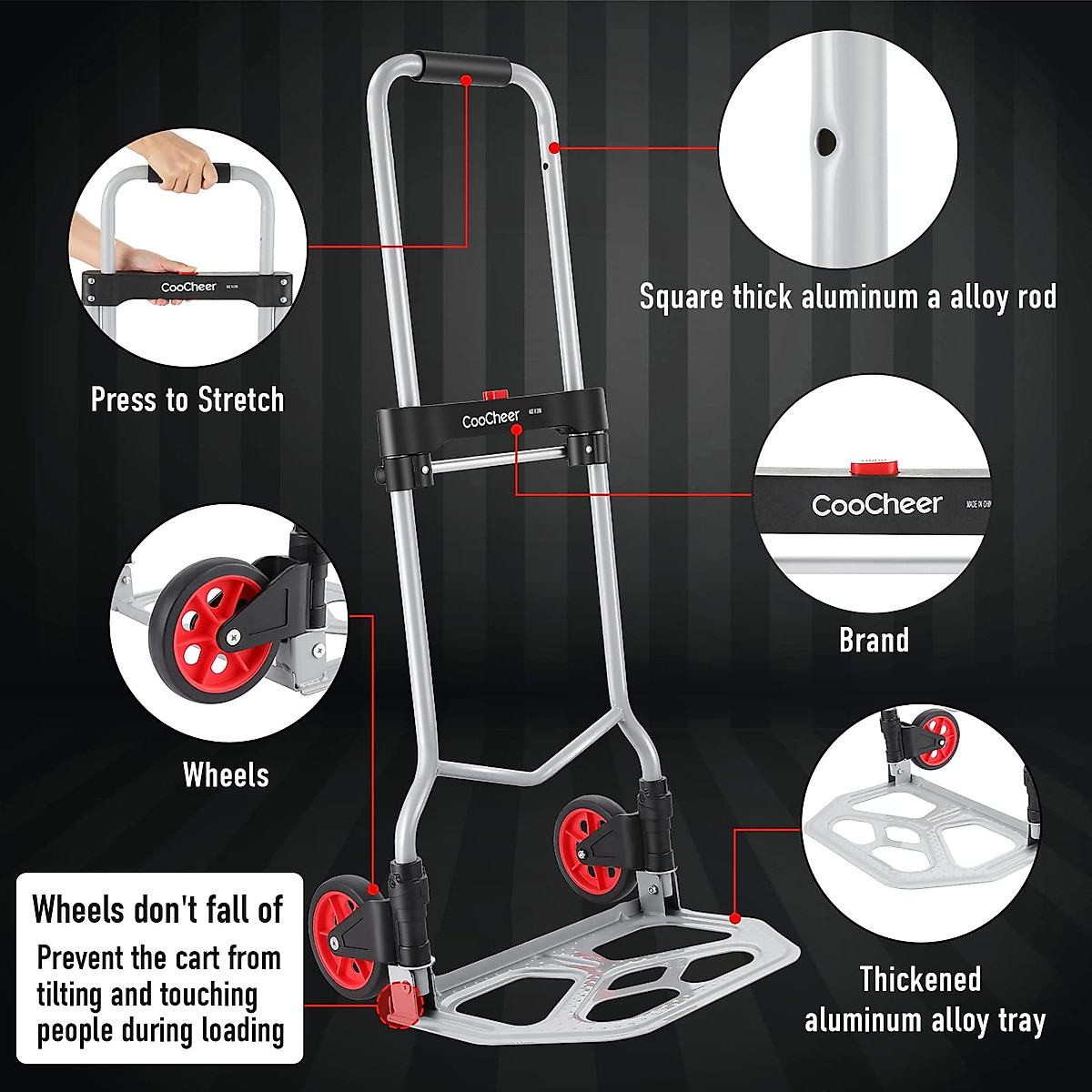COOCHEER 265LB Capacity Folding Hand Truck Dolly - 2 Wheel Foldable Dolly Cart, Collapsible Aluminum Luggage Cart, Moving Trolley with Wheels, Silver