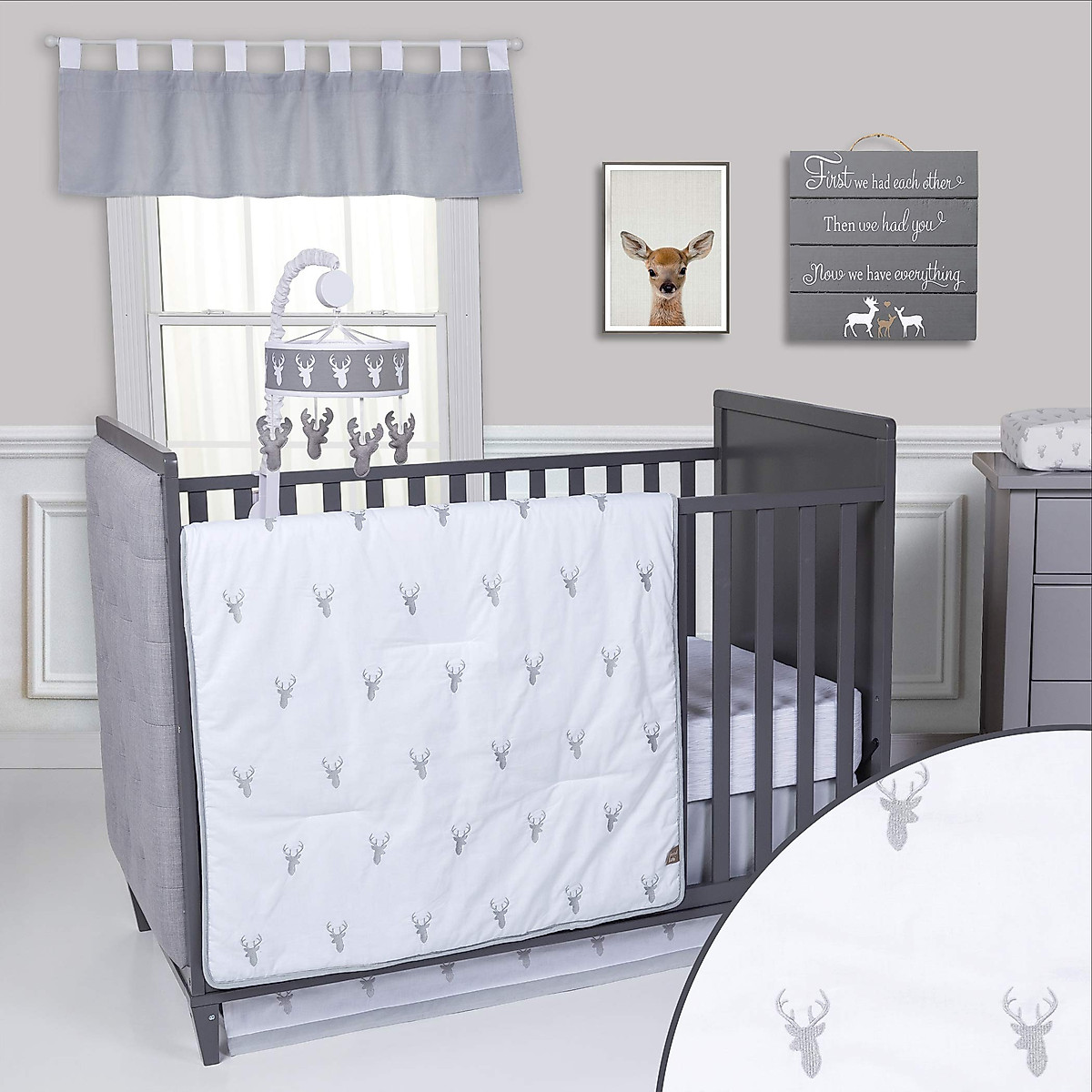 Trend Lab Stag Head 3 Piece Crib Bedding Set, Can Be Used As A Blanket Or A Playmat for Tummy Time, Includes Quilt, Fitted Crib Sheet and Skirt