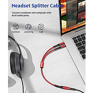 JSAUX Headset Splitter Cable for PC, 3.5mm Headphone Splitter Mic and Audio Y Splitter Jack, Female to 2 Male Adapter for Game-Red