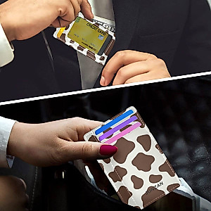 JUNZAN Slim Wallet Brown Cow Print Minimalist Wallets for Men Women Leather RFID Blocking Front Pocket Card Holder