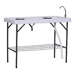 Outsunny Folding Fish Cleaning Table with Sink, Portable Camping Table with Faucet Drainage Hose, Grid Rack and Fish Cleaning Kit for Picnic, Fishing, 50"