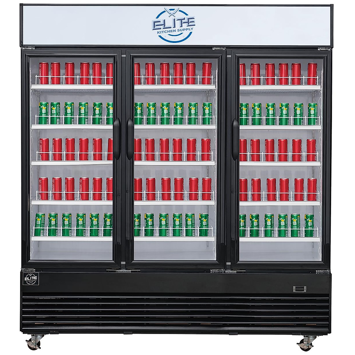 Elite Kitchen Supply Commercial Display Merchandiser Refrigerator, ETL NSF Fridge Cooler with 3 Glass Doors in Black, 3 Section Upright Reach-in, 78" W 69.43 cu. ft. Fan Cooling