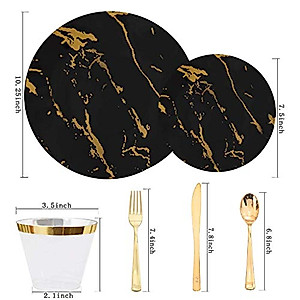 BUCLA 30Guests New Year Plates - Black And Gold Plastic Plates With Disposable Prewrapped Silverware Bulk And Gold Cups- Marble Design Disposable Plastic Dinnerware-Ideal For Thanksgiving and New Year