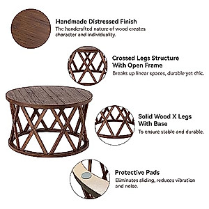 COZAYH Farmhouse Coffee Table, Rustic Round Coffee Table with X-Motifs Legs, Wood Textured Top, for Boho, French Country Decor, Brown