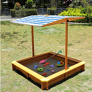Kids Sandbox with Cover, 46.5" Wooden Sand Box w/Adjustable Canopy, Large Outdoor Cedar Sandpit for Backyard Play