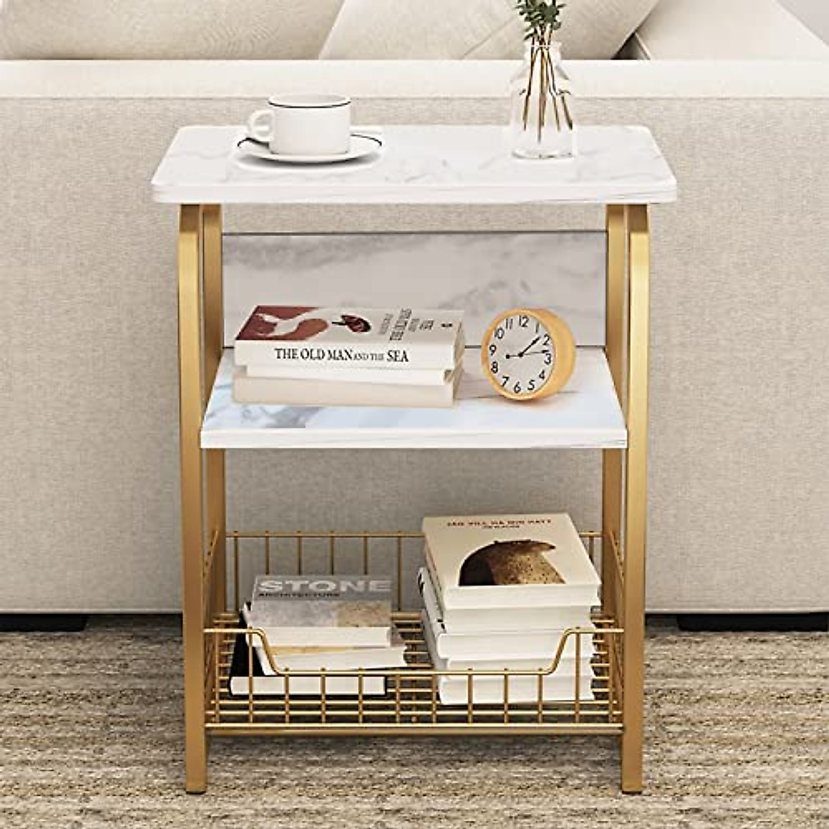 Garden 4 you End Table Side Table 3 Tiers White Marble Nightstand Industrial Retro Storage Shelf for Living Room Bedroom Kitchen Family and Office,Stable Wood and Metal Frame