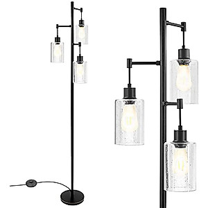 Industrial Floor Lamp for Living Room, Tree Floor Lamp with 3 Hanging Bubble Glass Shade & ST58 Edison LED Bulbs, Sturdy Base Tall Vintage Pole Light Great for Farmhouse Rustic Home Bedroom Office