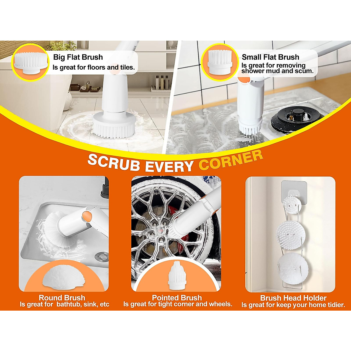 Zeutch Electric Spin Scrubber, 2024 Upgraded Cordless Cleaning Brush with Extension Arm, 4 Replaceable Cleaning Heads and Heads Holder, 74W Dual Speeds Power Scrubber for Tub, Grout, Floor, Bathroom