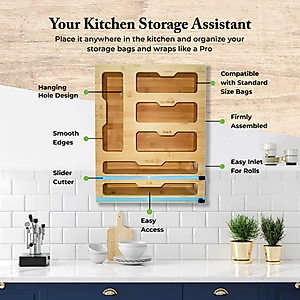 Bamboo 6 in 1 Food Storage Bag Organizer for Kitchen Drawer Baggie Container Dispenser Food Storage Bag Holder for Sandwich - Nuts, Cookies & Snack Variety Size Bags, Compatible with Ziploc,Gallon