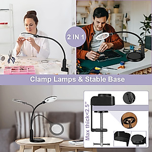 JEEDEFI 2-in-1 Magnifying Glass with Light and Stand, 5 Lighting Modes Stepless Dimmable LED Magnifying Clamp Lamp, 8X Desk Lighted Magnifier Hands Free for Craft Close Work Mini Painting Hobby, Black