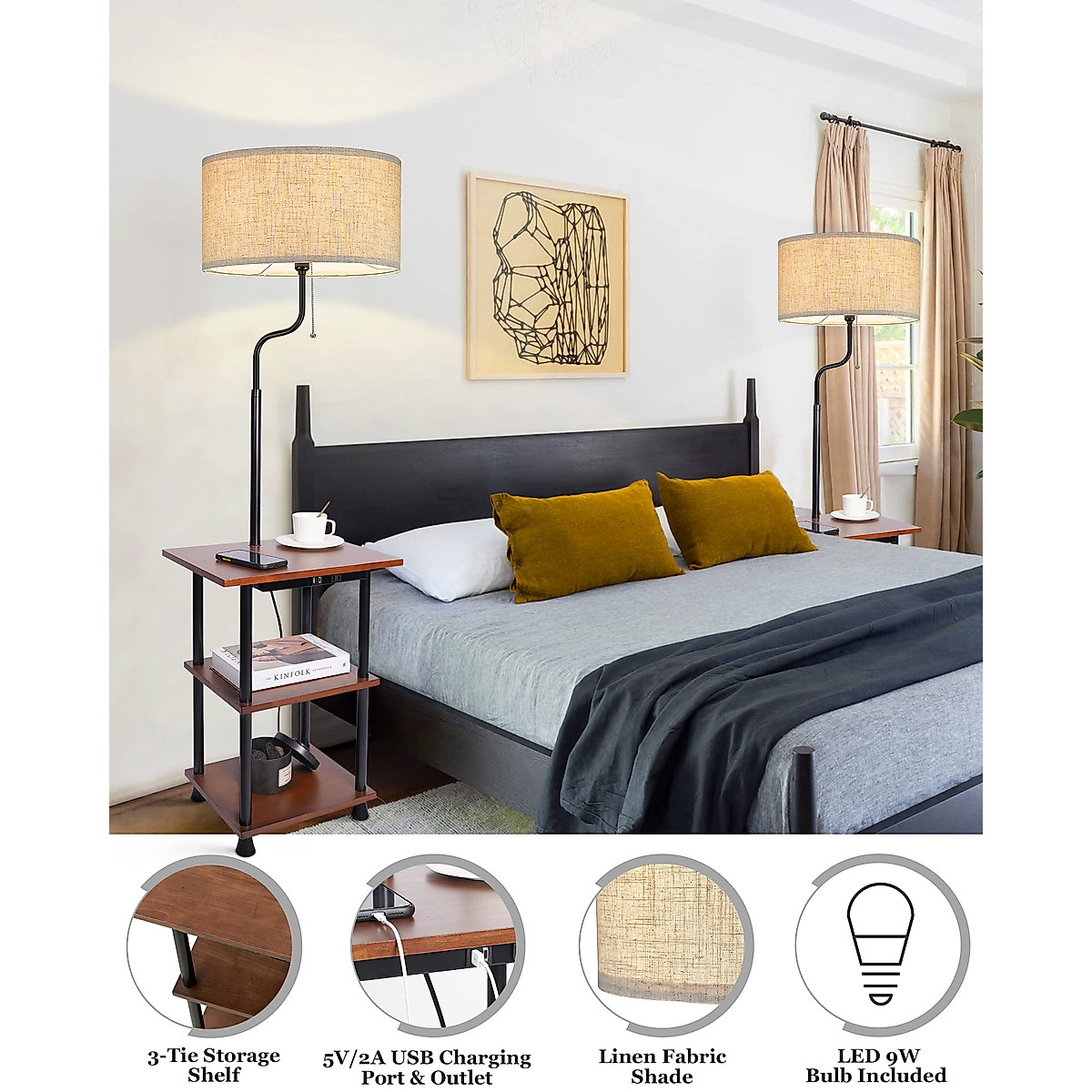 ELYONA Modern Boho Pendant Lights, Hand Woven Hanging Lamp with Dome Basket Shade & Rubber Wood Floor Lamp with Table for Farmhouse Kitchen Island Dining Room Living Room Hallway